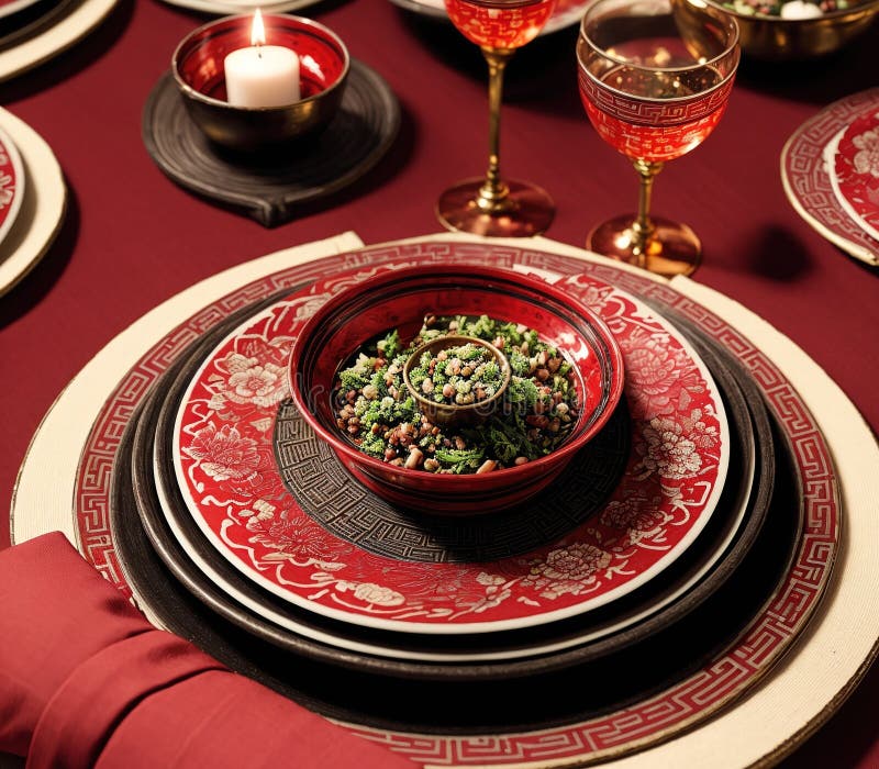 A Table Set for a Dinner Party with Red and White Plates, Glasses, and ...