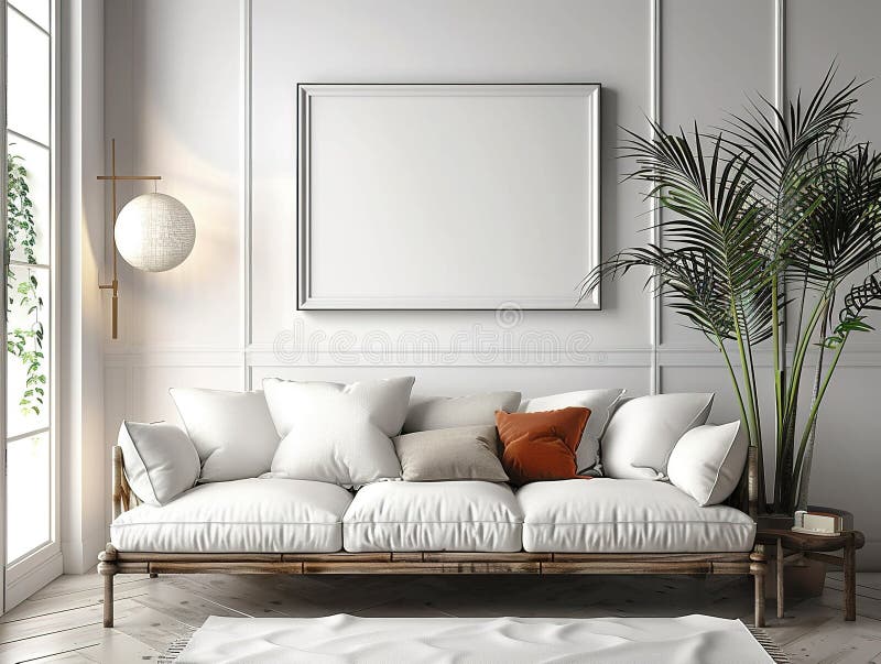 The Image Reference Shows a Living Room with a Large White Sofa, a Tall ...