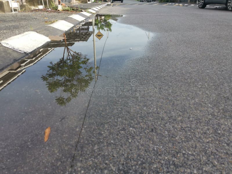 Reflective Puddle with Stagnant Water on the Roadside after the Rain ...