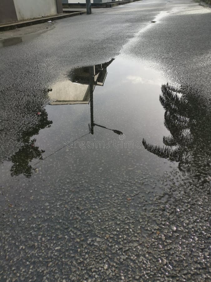 Reflective Puddle with Stagnant Water on the Roadside after the Rain ...