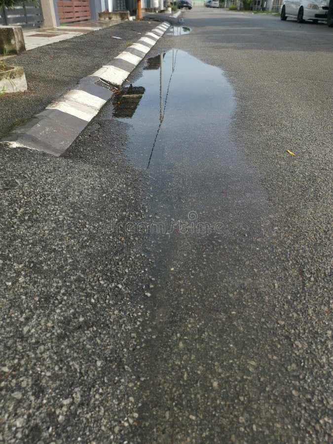 Reflective Puddle with Stagnant Water on the Roadside after the Rain ...