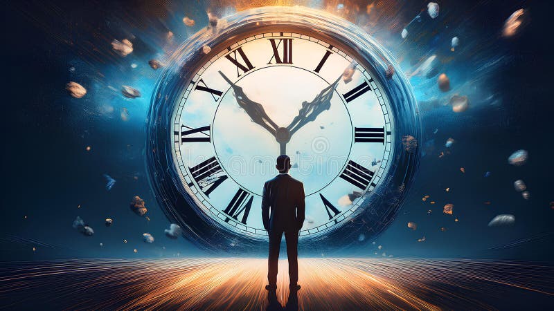 A Businessman Stands in Front of a Huge Clock, Looking at it. this ...