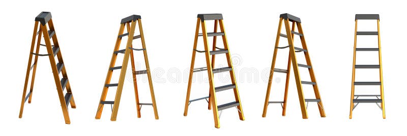 Five Orange Metal Ladders with Black Rungs in a White Setting Stock ...