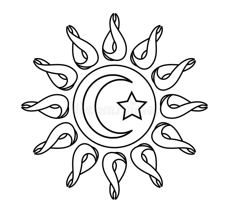 Stylized Sun with Crescent Moon and Star, Islam, Black and White ...