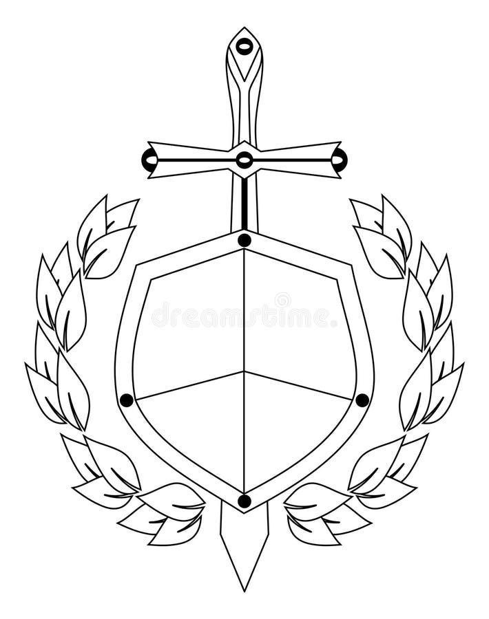 Sword and Shield with Garland of Leaves, Weapon, Weapons, Black and ...