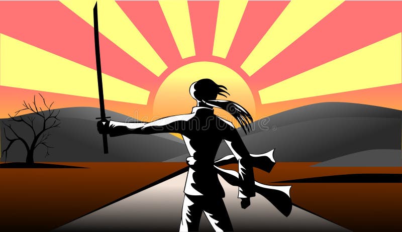 Samurai at Sunset in Landscape Stock Illustration - Illustration of ...