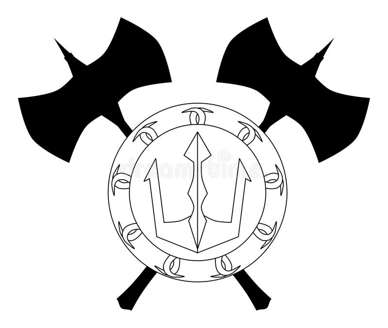Trident with Double Axes and Shield, Black and White, Isolated. Stock ...