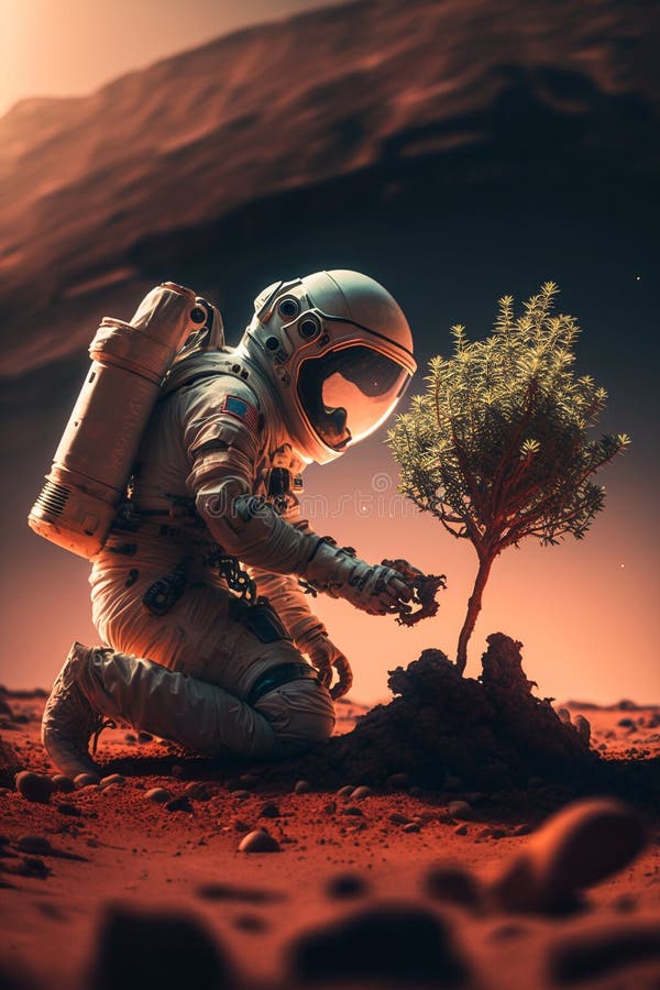 Astronaut Planting a Tree on Planet Mars. Generative Ai Stock ...