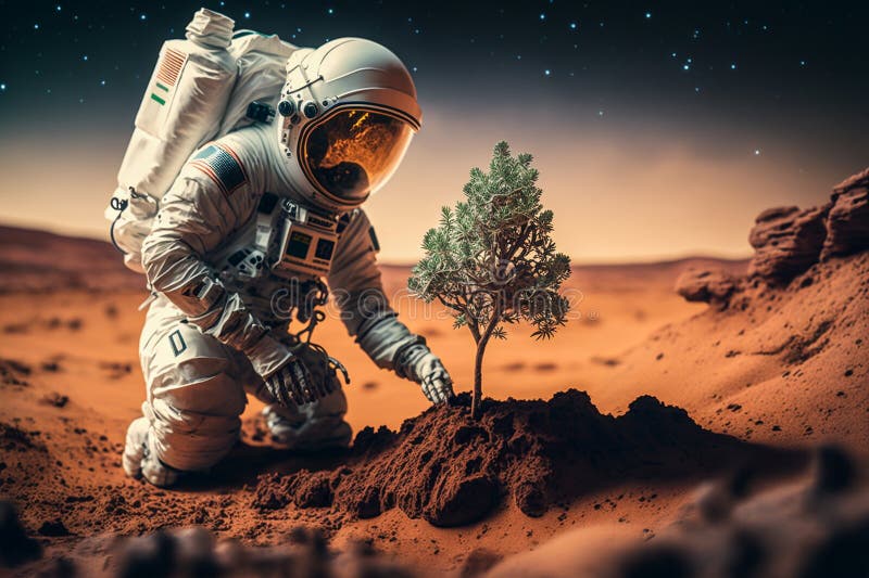 Astronaut Planting a Tree on Planet Mars. Generative Ai Stock ...