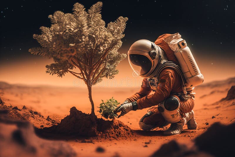 Astronaut Planting a Tree on Planet Mars. Generative Ai Stock ...