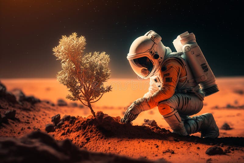 Astronaut Planting a Tree on Planet Mars. Generative Ai Stock ...