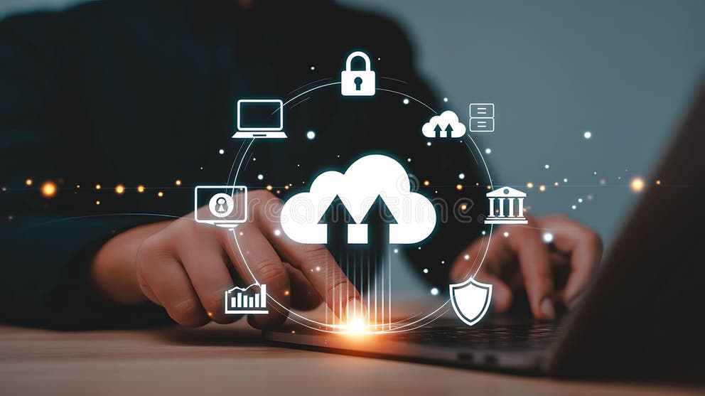 Cloud Computing and Data Security Concept with Person Using Laptop and ...