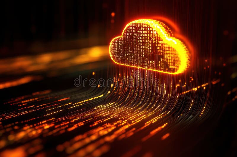 Futuristic Digital Cloud Computing Concept with Streaming Binary Data in Vibrant Orange Glow ...