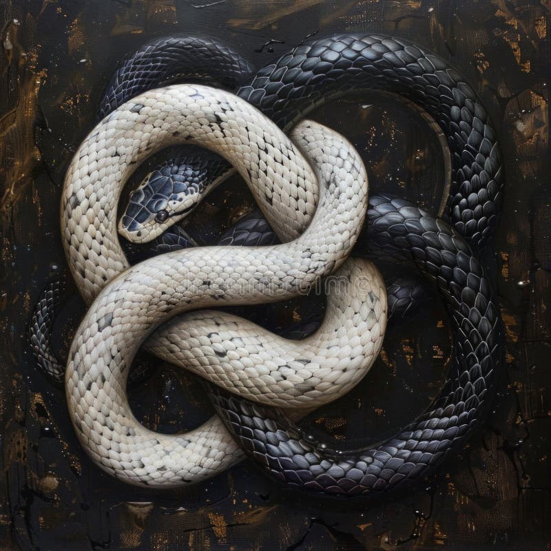 Black and White Snakes Intertwined in a Circular Knot. Artistic and ...