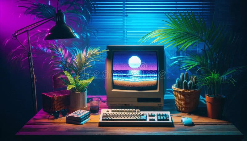 Retro Style PC Screen in Neon Lights Stock Illustration - Illustration ...