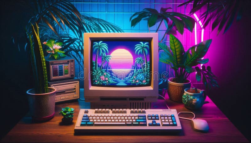 Retro Style PC Screen in Neon Lights Stock Illustration - Illustration ...