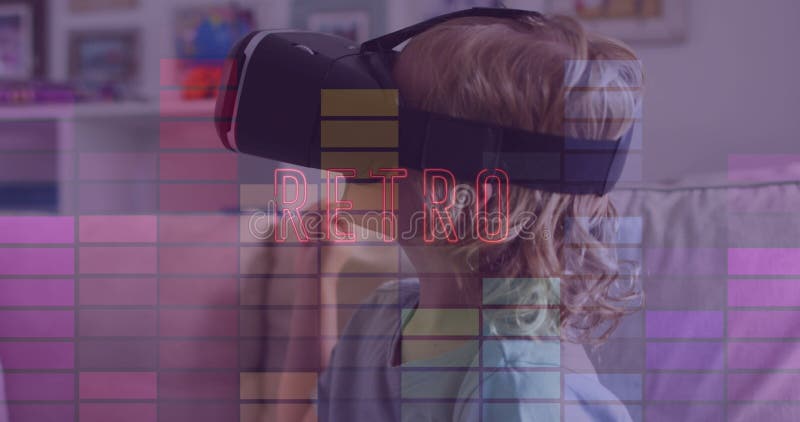 Image of Retro Text Over Caucasian Boy Using Vr Headset Stock Photo ...