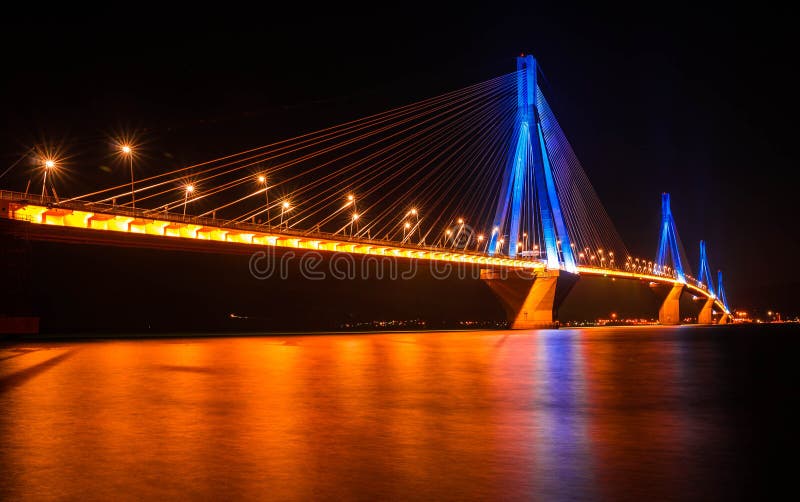 Rio-Antirio Bridge at Night, Greece Stock Image - Image of bright, blue ...