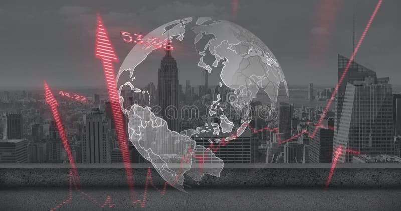 Image of Rising Red Arrows and Processing Data Over Grey Globe and Cityscape Stock Photo - Image ...