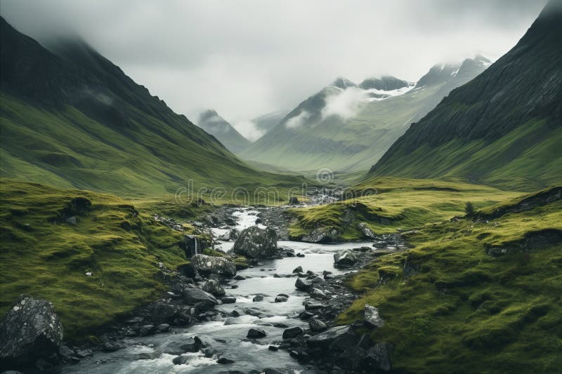 An Image of a River Flowing through a Green Valley Stock Illustration ...