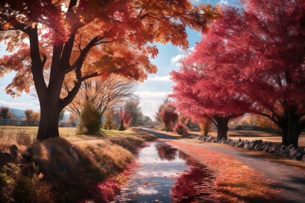 An Image of a Road with Trees in the Fall Stock Illustration ...
