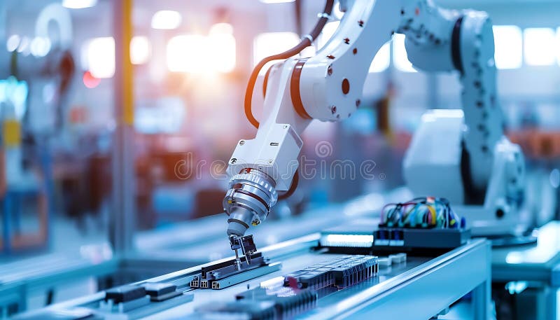 An Industrial Robot Arm is Working on an Assembly Line in a Factory ...