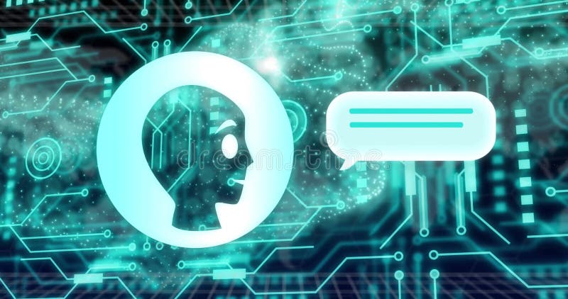 Image Of Robot Binary Codes In Speech Bubble Dynamic Wave And Circuit Board Pattern Stock