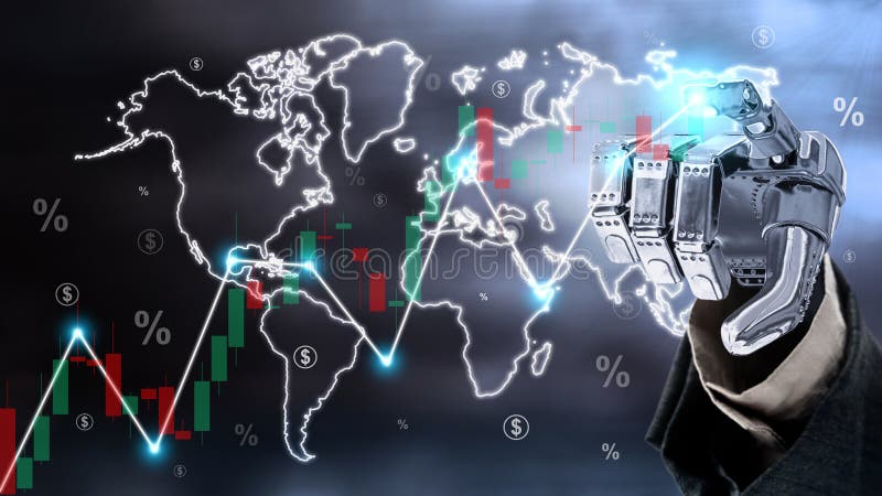 Image of Robot Hand Pointing Arrow Up Stock Graph and Chart Background ...