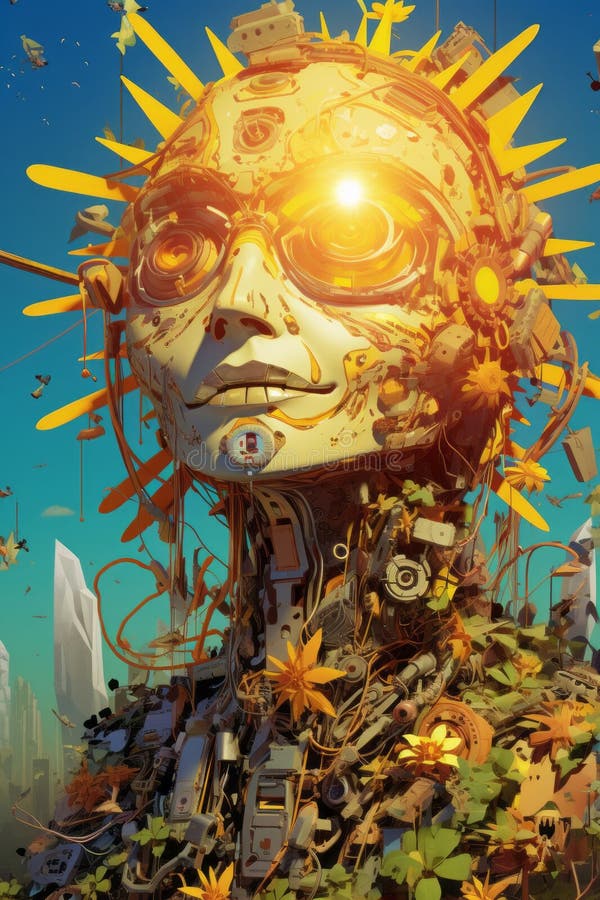 An Image of a Robot Head with a Sun on it Stock Illustration ...