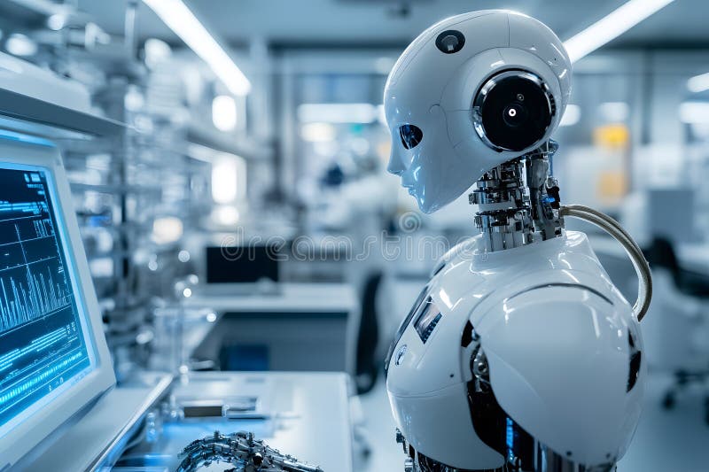 Image of a Robot and a Human Collaborating in a White High-tech Lab, AI ...