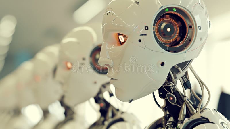 Line of Advanced Humanoid Robots with Luminous Eyes Stock Image - Image ...