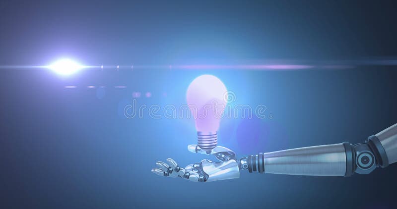 Image of Robotic Arm with Lightbulb and Light Spots Over Blue ...