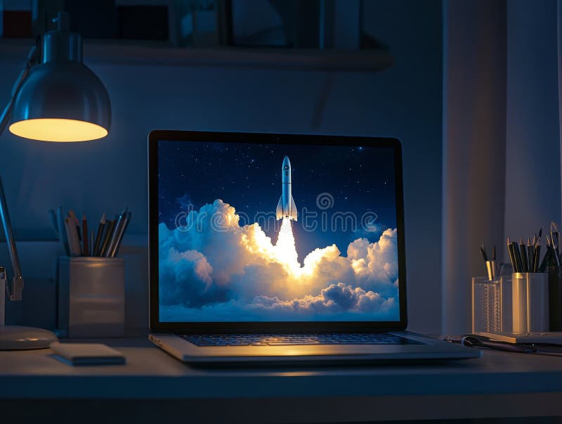 The Image of a Rocket Launch is Visible on the Screen of a Laptop in a ...
