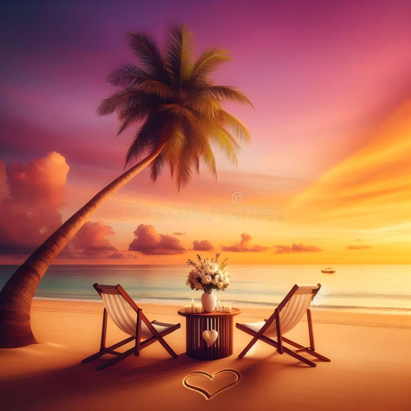 An Image with a Romantic Beach Sunset Scene. Stock Illustration ...