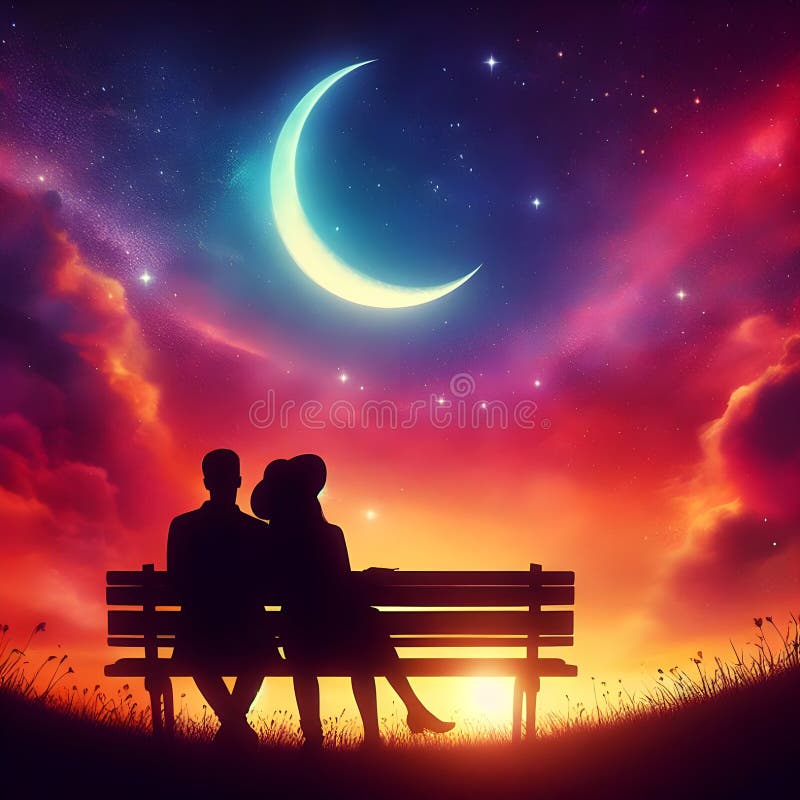 Image of Romantic Love Couple Sitting on a Crescent Moon at Magical ...