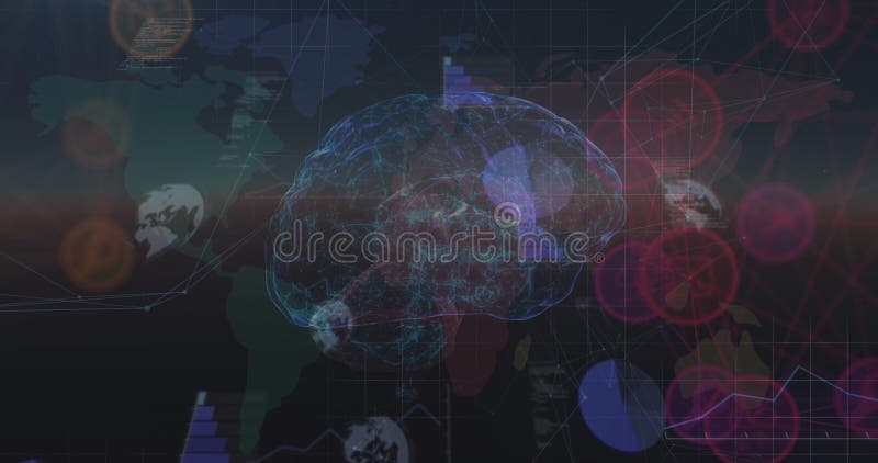 Image of Rotating Brain with Connections Over World Map and Diverse ...