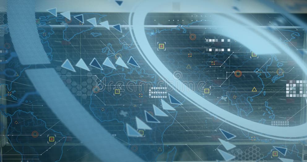 Image of Round Scanner and Data Processing Over World Map Against Blue ...
