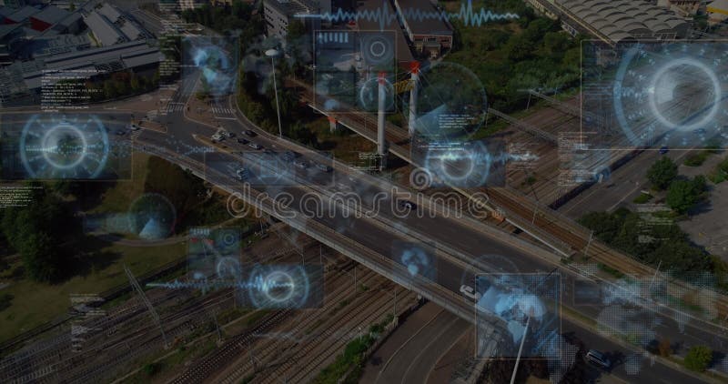 Image of Round Scanners and Data Processing Against Aerial View of City ...