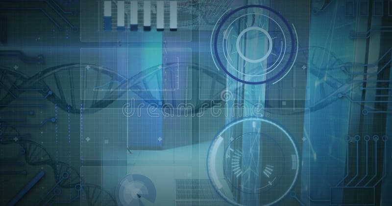 Image of Round Scanners, Data Processing and Dna Structures Spinning ...