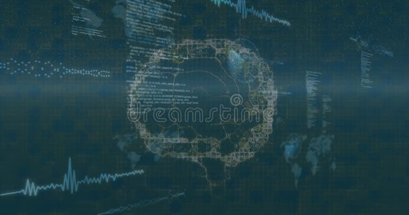 Image of Round Scanners and Data Processing Over Spinning Human Brain Icon on Blue Background ...