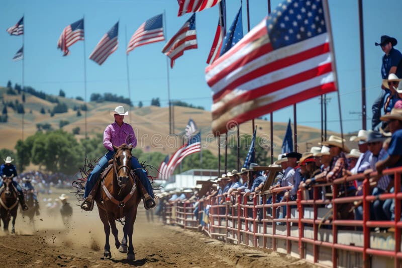 A Man is Riding a Horse in a Rodeo Arena with a Large American Flag ...