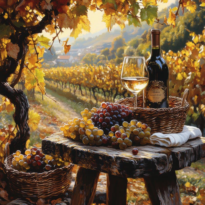 Image of a Rustic, Inviting Scene with Ripe Grapes, Wine, and Vineyards ...