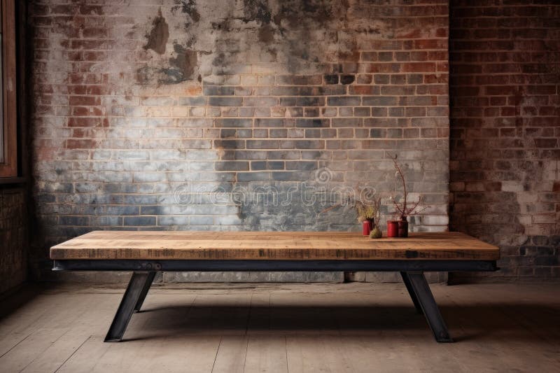 Image of a Rustic Wooden Coffee Table with Iron Legs in a Loft Living ...