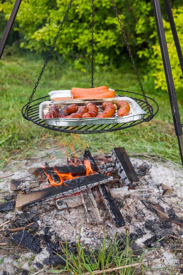 Sausages Sizzle Over a Campfire in a Hanging Grill. Stock Illustration ...