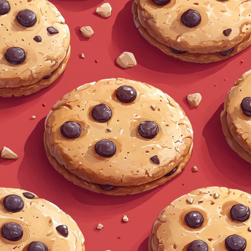 Image of Scattered Chocolate Chip Cookies on a Red Surface, Possibly a ...