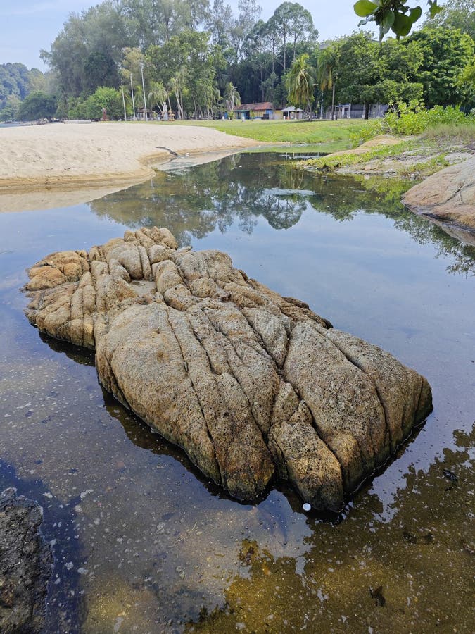 Scene of Boulder Laying Along the Sandy Beach Stock Photo - Image of ...