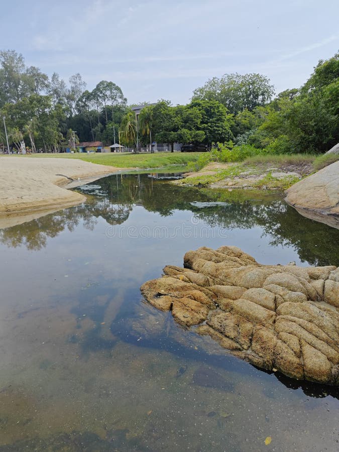 Scene of Boulder Laying Along the Sandy Beach Stock Image - Image of ...