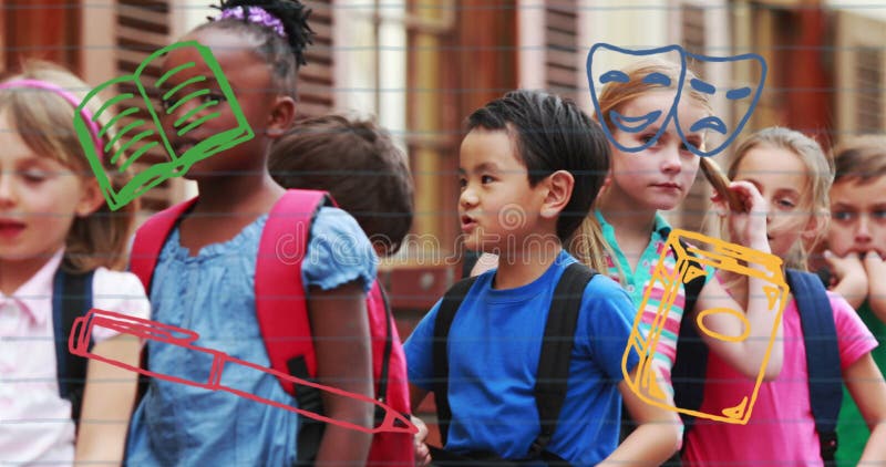 Image of School Icons Over School Children at School Stock Illustration ...