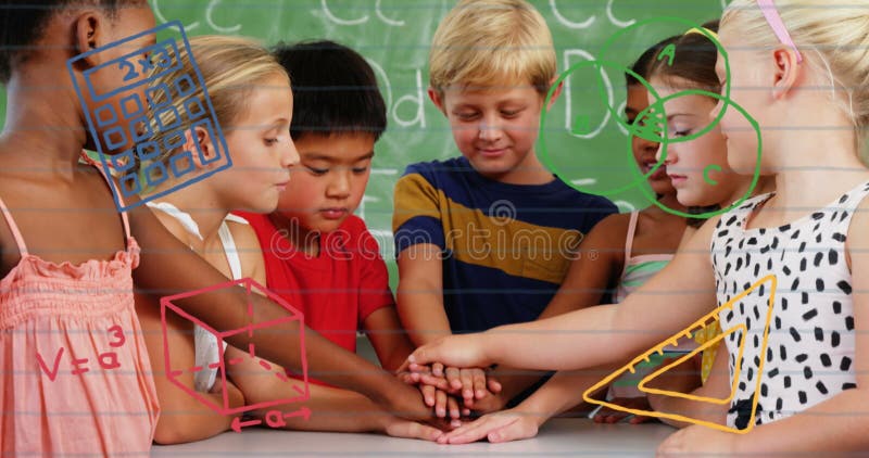 Image of School Icons Over Diverse Schoolchildren in Classroom Stock ...