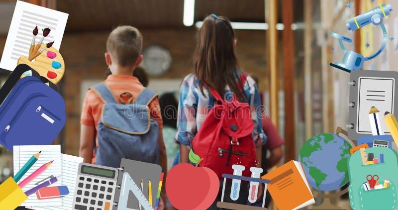 Image of School Items Icons Over Schoolchildren Walking at School Stock ...